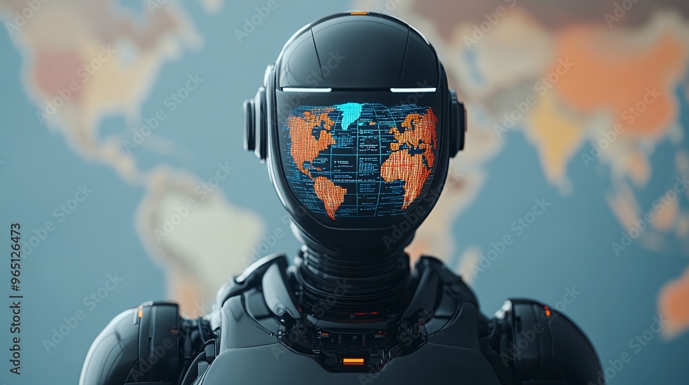 conceptual AI robot managing a global trading system abstract world ...