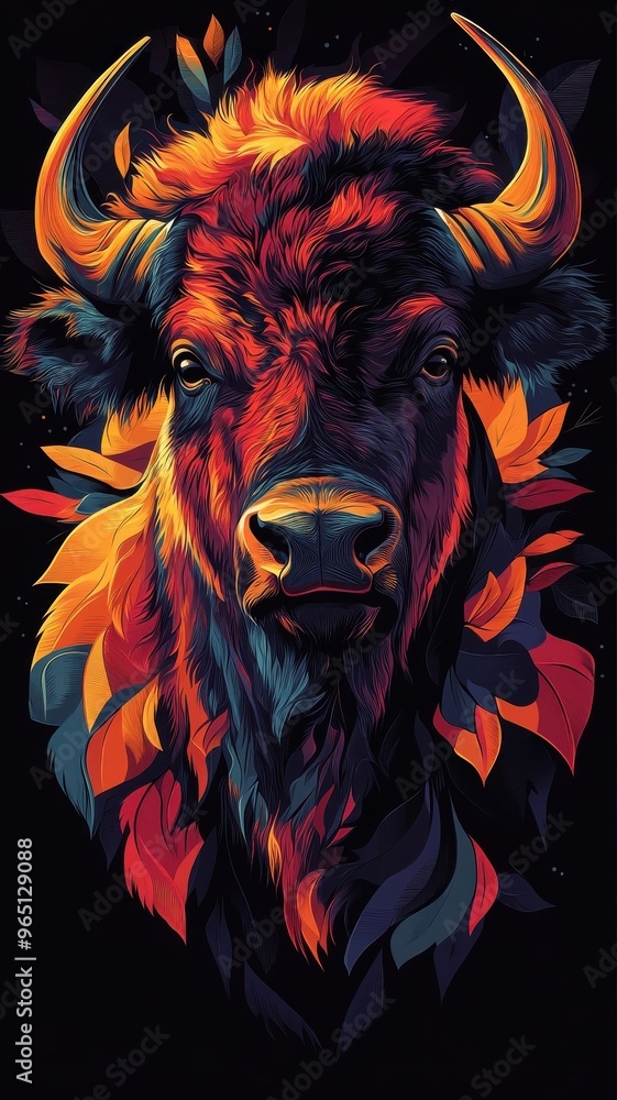 Stylized buffalo, depicted with sharp lines, contrasting colors, and a ...