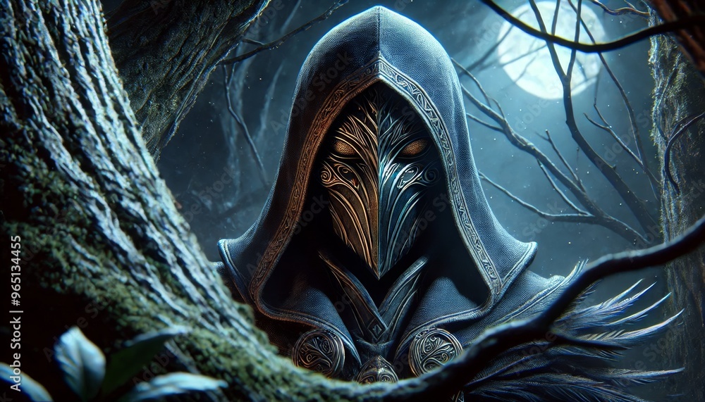 A detailed, close-shot image of a dark, hooded character similar to the ...