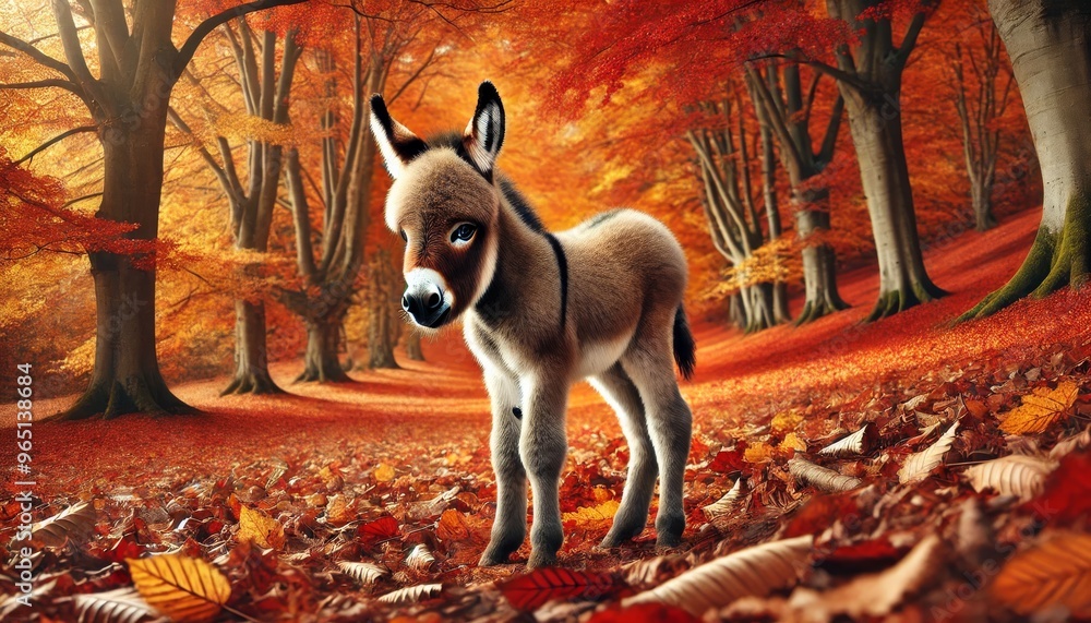 A baby donkey standing amidst fallen autumn leaves, with trees ...
