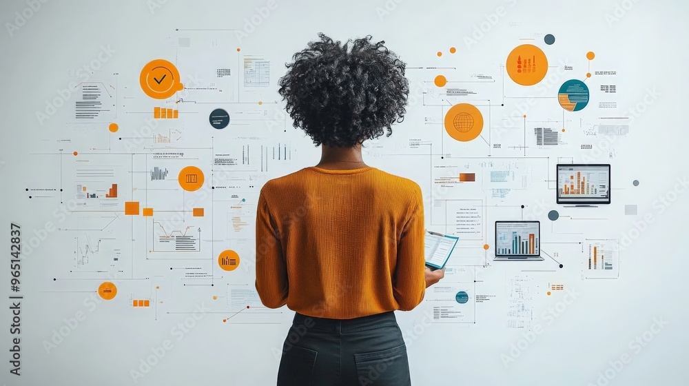 Data Driven Decisions: A businesswoman contemplates a wall of data ...