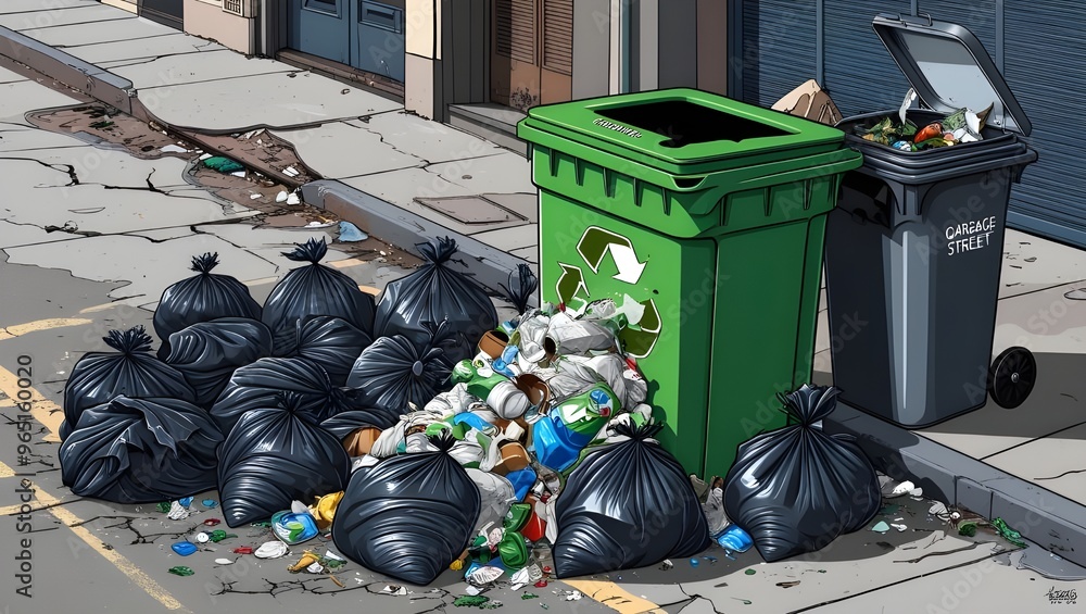 Full garbage bin and black plastic trash bags around. Overflowing ...
