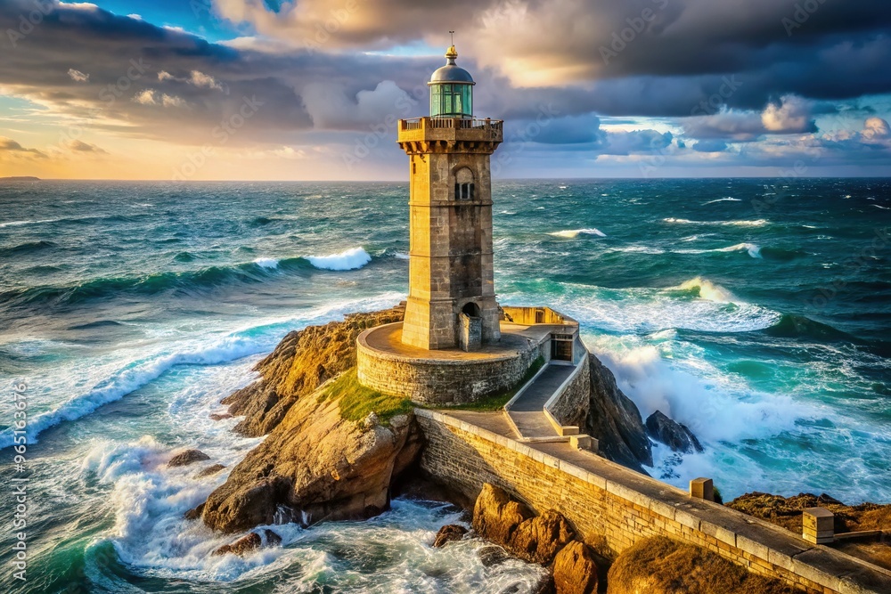Ancient medieval lighthouse stands tall on rocky coastline, its rugged ...