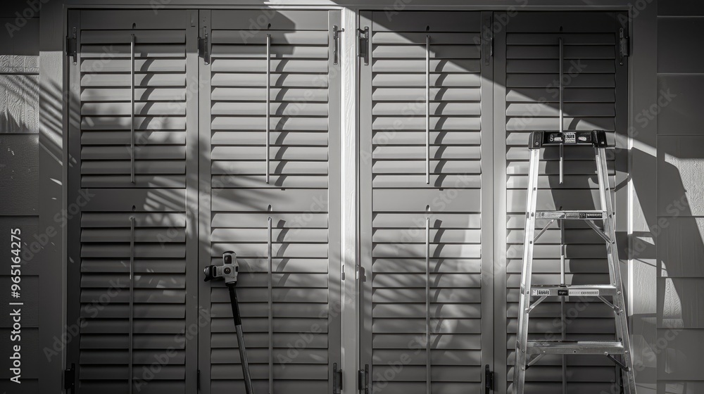 Accordion-style hurricane shutters mounted over a double entryway ...