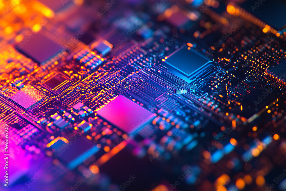 Macro of silicon wafer semiconductor with neon colors. Integrated ...