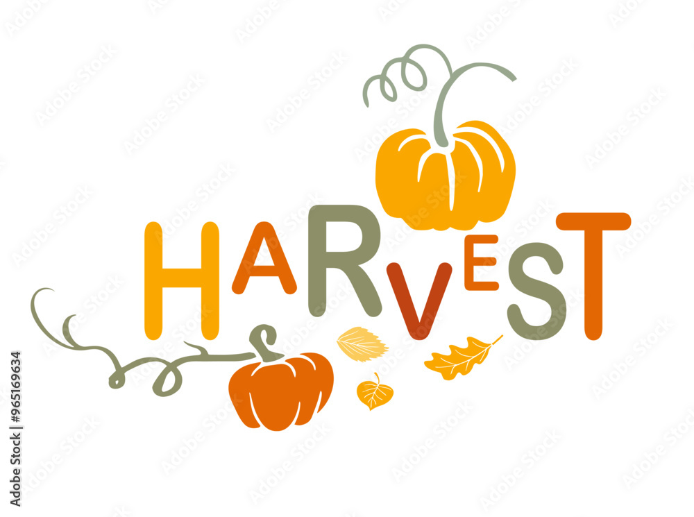 Autumn Harvest hand drawn lettering typography with pumpkins and leaves ...