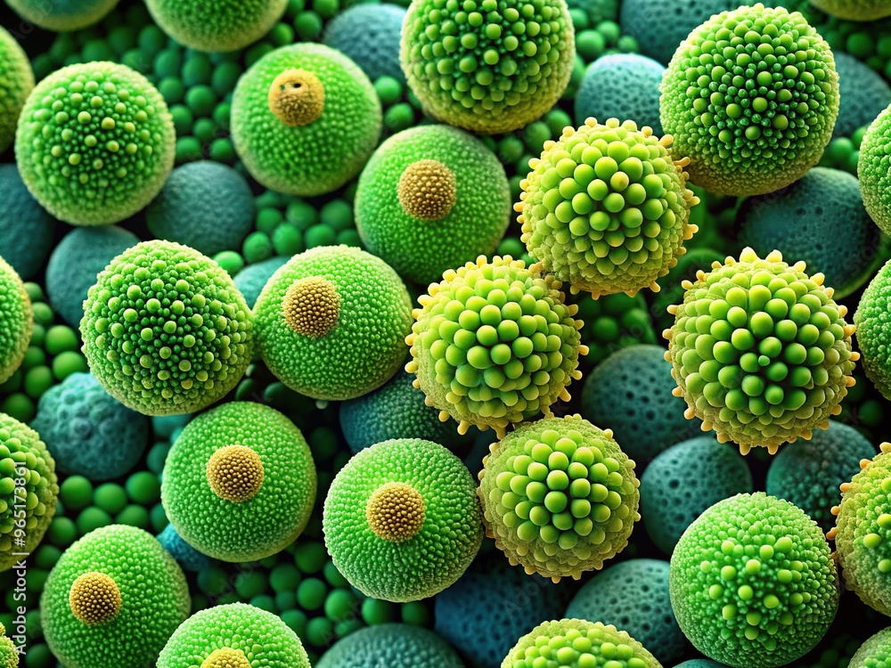 Colored scanning electron micrograph of Volvox colonial green algae ...