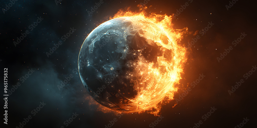 “3D Rendering of the Moon Being Split in Half, One Side Illuminated ...