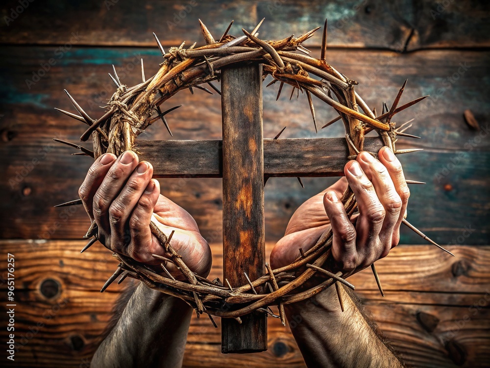 Crown of thorns-wreathed hands grasping worn wooden cross, rusty iron ...