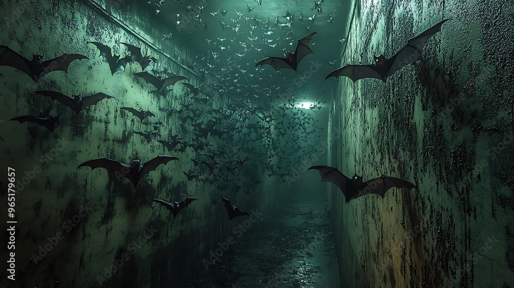 A dark, narrow corridor with a swarm of bats flying along the walls ...