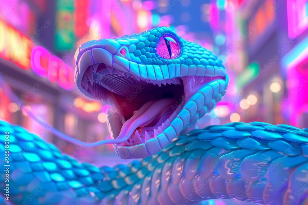 Modernized snake in neon lights. A coiled blue snake with bright scales ...