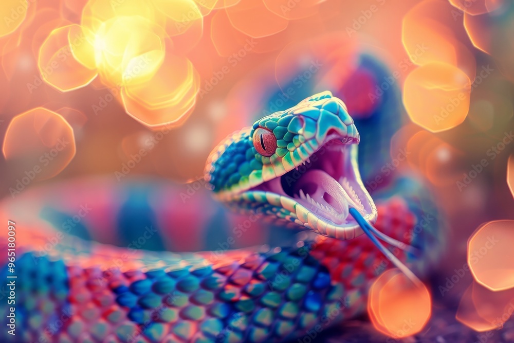 Modernized snake in neon lights. A coiled blue snake with bright scales ...