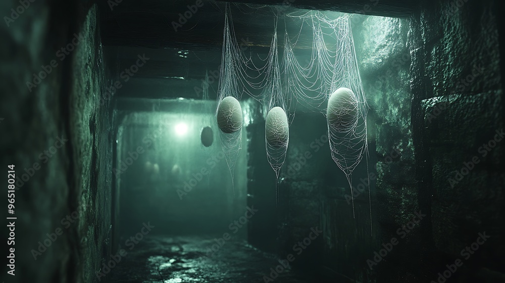 A dark, spooky basement with spider egg sacs hanging from the rafters ...