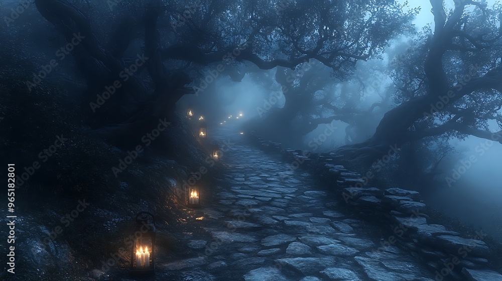 A foggy, moonlit pathway lined with dim flickering candles in ancient ...