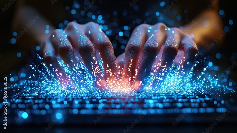 14. Close-up of a person typing, with binary code cascading from their ...