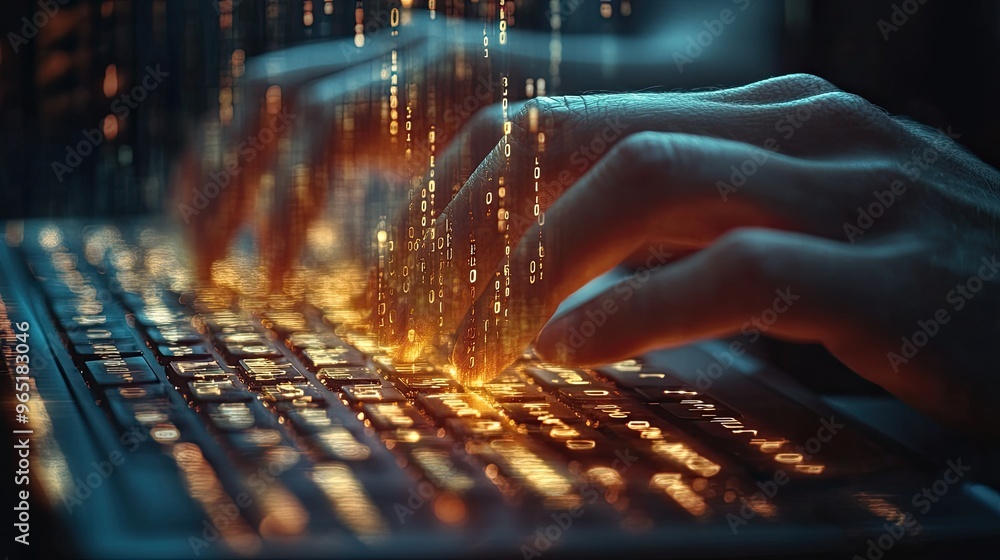 2. Close-up of hands typing on a keyboard, with a detailed overlay of ...
