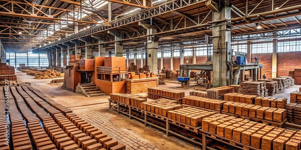 Industrial setting with rows of brick molds, piles of raw clay, and ...
