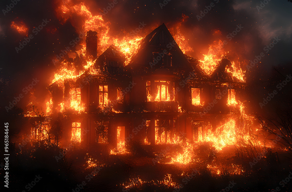 “A Large Dark House Ablaze in the Night Sky, Windows Glowing with ...