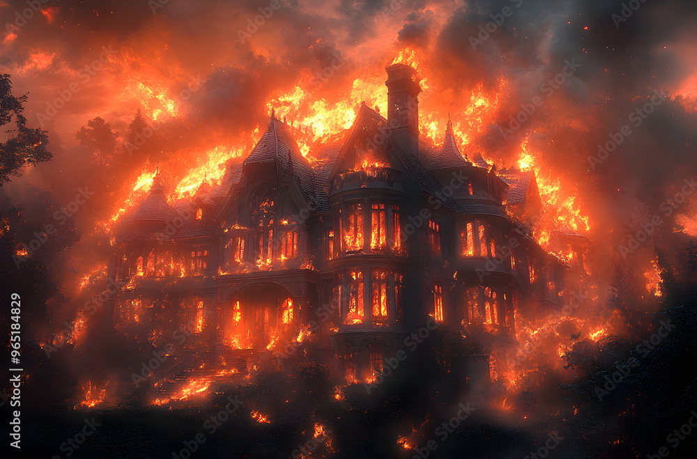 “A Large Dark House Ablaze in the Night Sky, Windows Glowing with ...