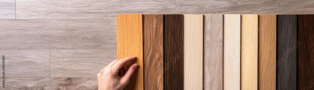 Assorted wooden flooring samples with a hand selecting one piece ...