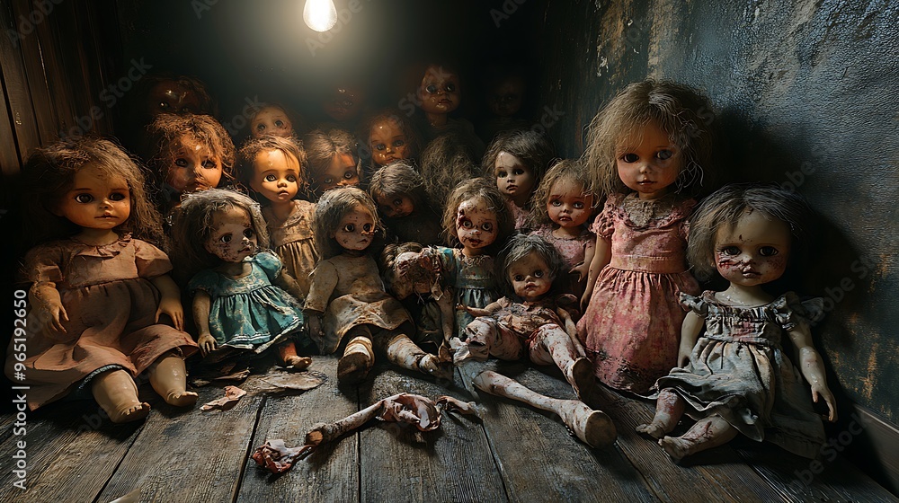 A dark corner of an abandoned room filled with old, broken dolls, their ...
