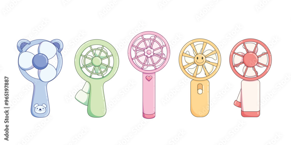 Cute portable handheld electric fan. Cartoon vector illustration set of ...