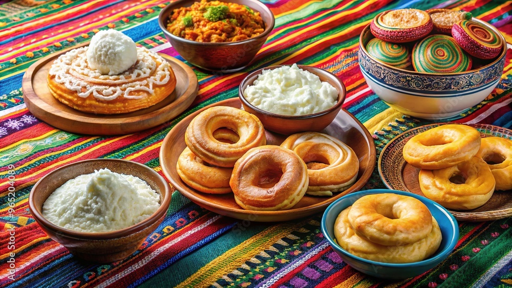 Vibrant traditional Peruvian desserts, including picarones donuts ...