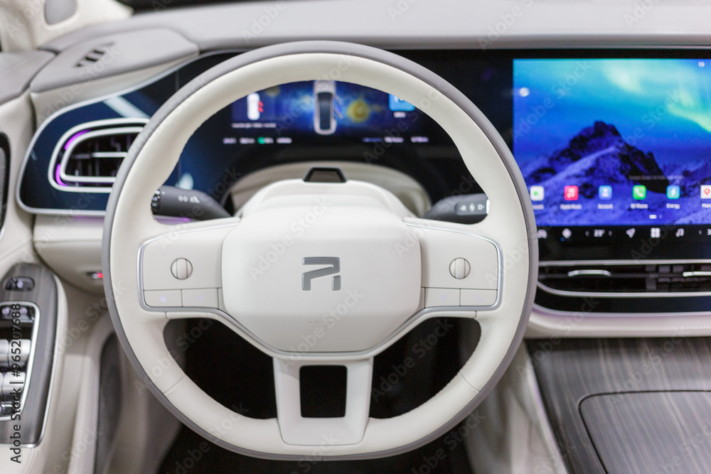 Rising Auto F7 - business class EV car interior, dashboard, steering ...