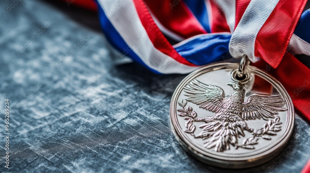 A close-up view of a medal with a patriotic design. The medal is ...