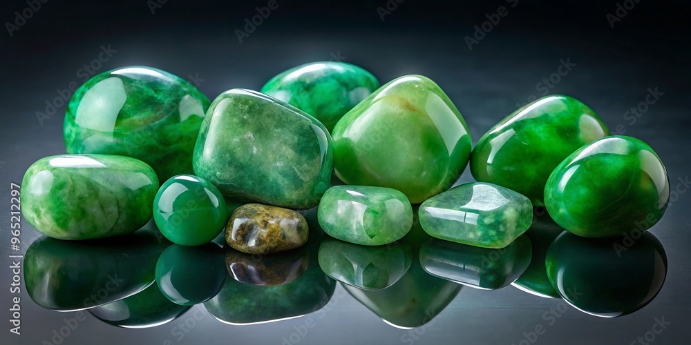 Uncut jade stones in a range of emerald hues lie on a reflective ...