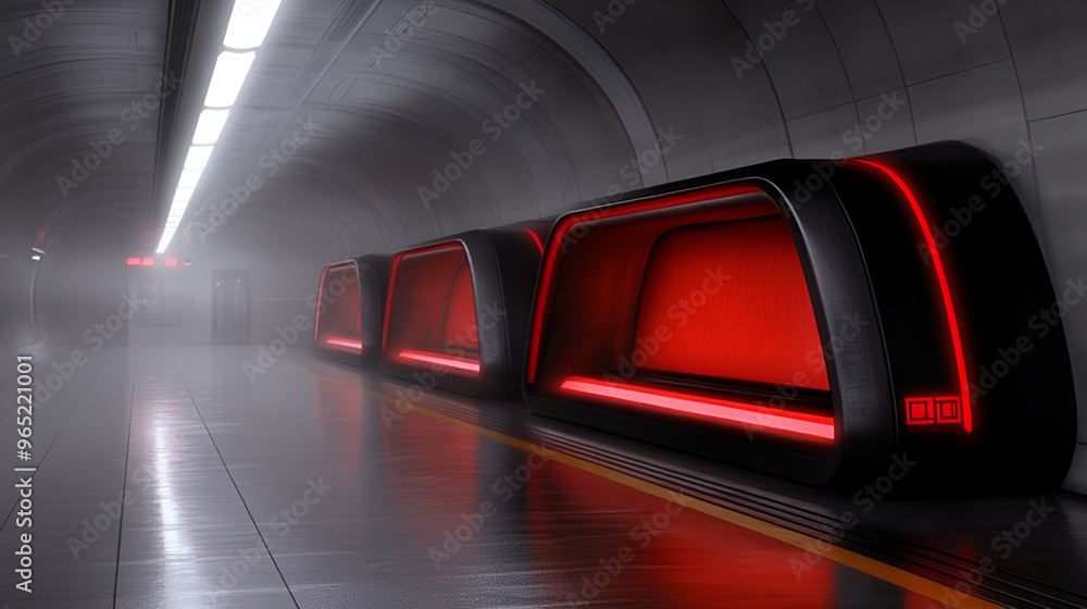 Futuristic subway station with illuminated seating and fog effects in a ...