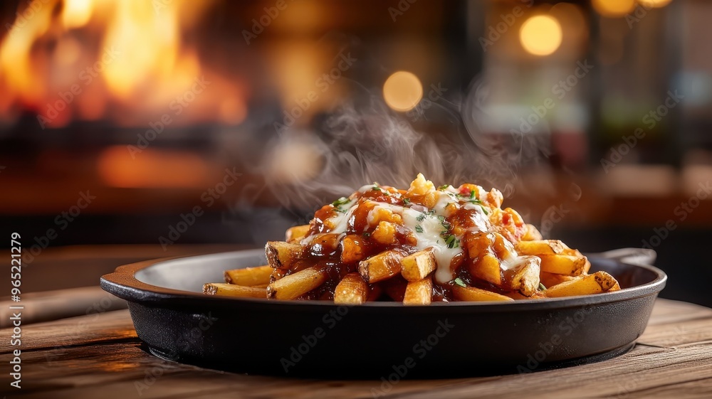Poutine cooked over an open flame, with cheese curds melting and gravy ...