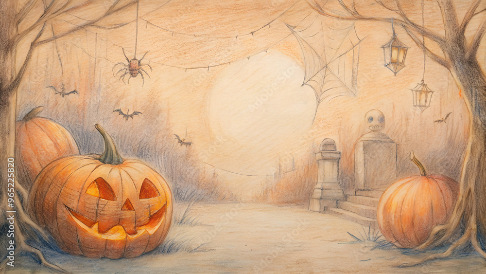 Pencil drawing of Spooky Halloween night with pumpkins, bats, and full ...