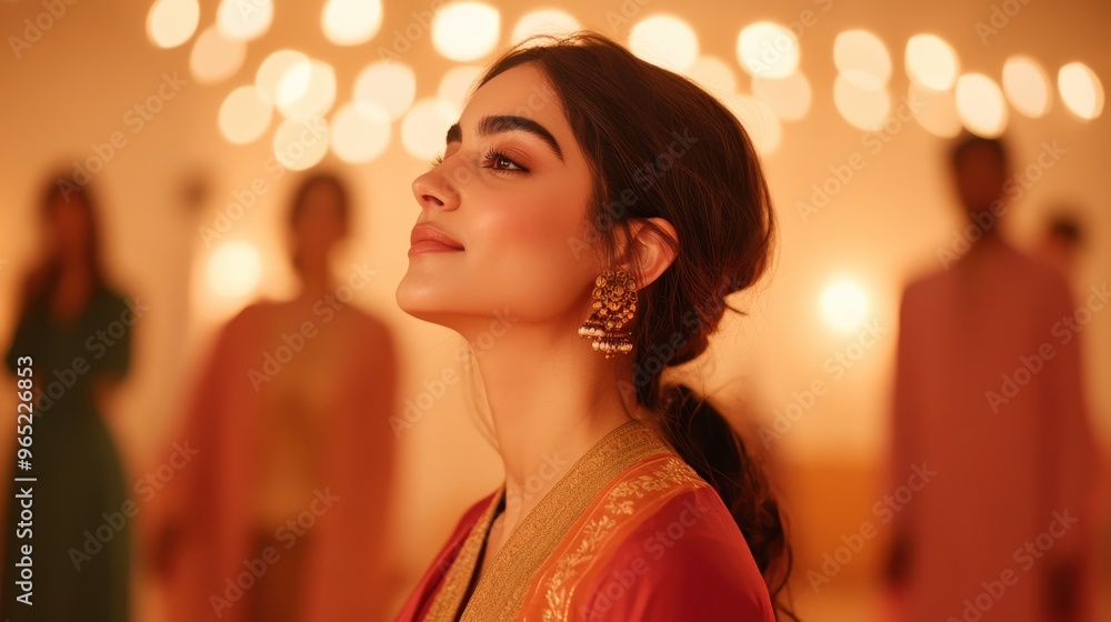 Profile view of a South Asian model woman performing a traditional ...