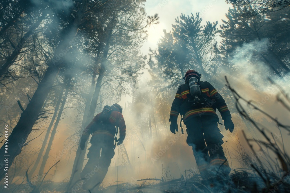 Bottom view and back view of a team of firefighters in safety uniform ...