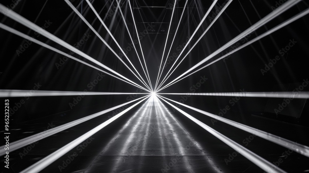 A futuristic light beam installation with converging white laser lines ...