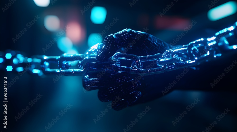 Robot hands bound by heavy chains, digital chains glowing with blue ...