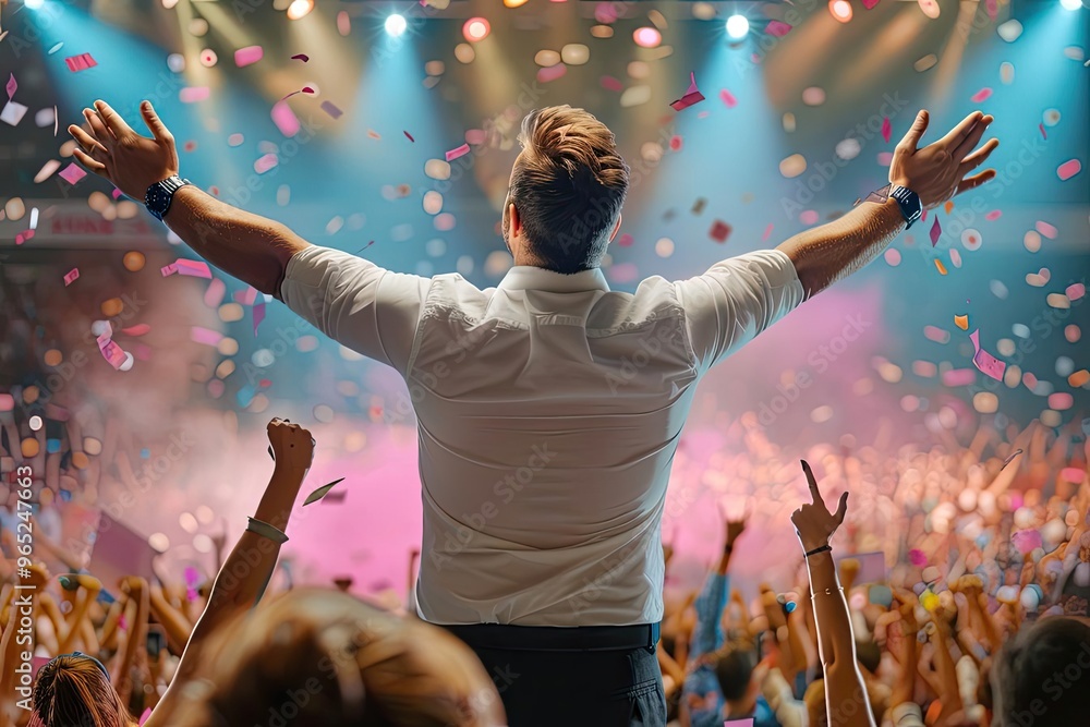 Leader standing confidently before a cheering crowd, powerful pose ...