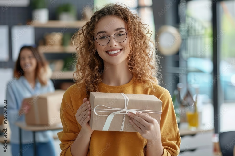 New employee accepting a welcome package on their first day, bustling ...