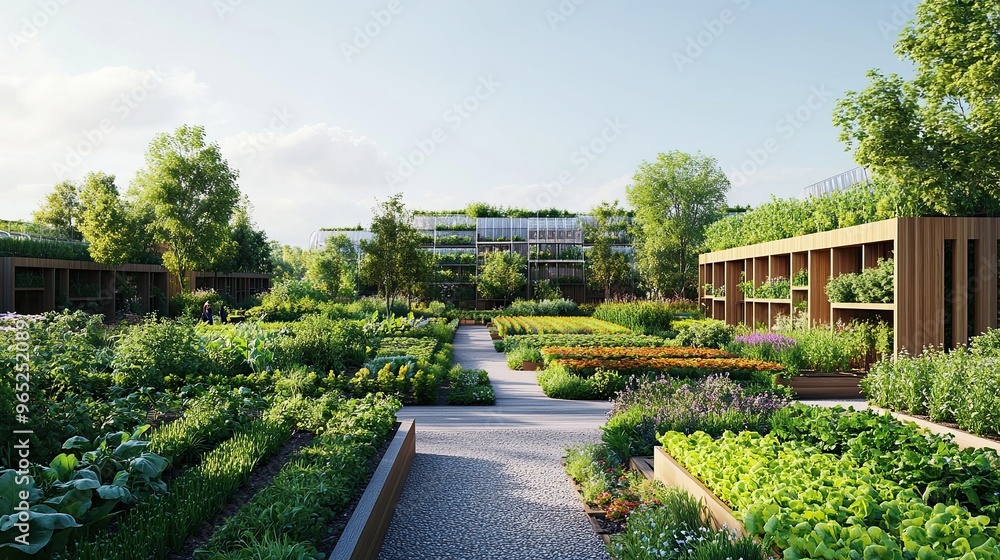 A 3D visualization of a sustainable urban farm, featuring vertical gardens, rooftop greenhouses ...