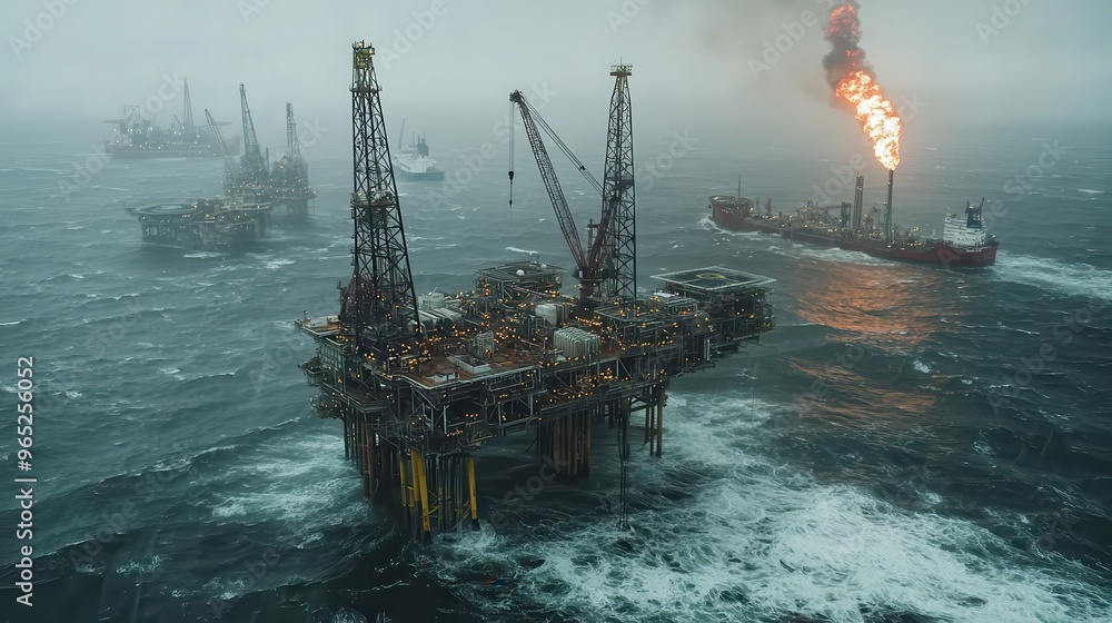 Aerial view of a vast offshore oil and gas platform with supply vessel ...