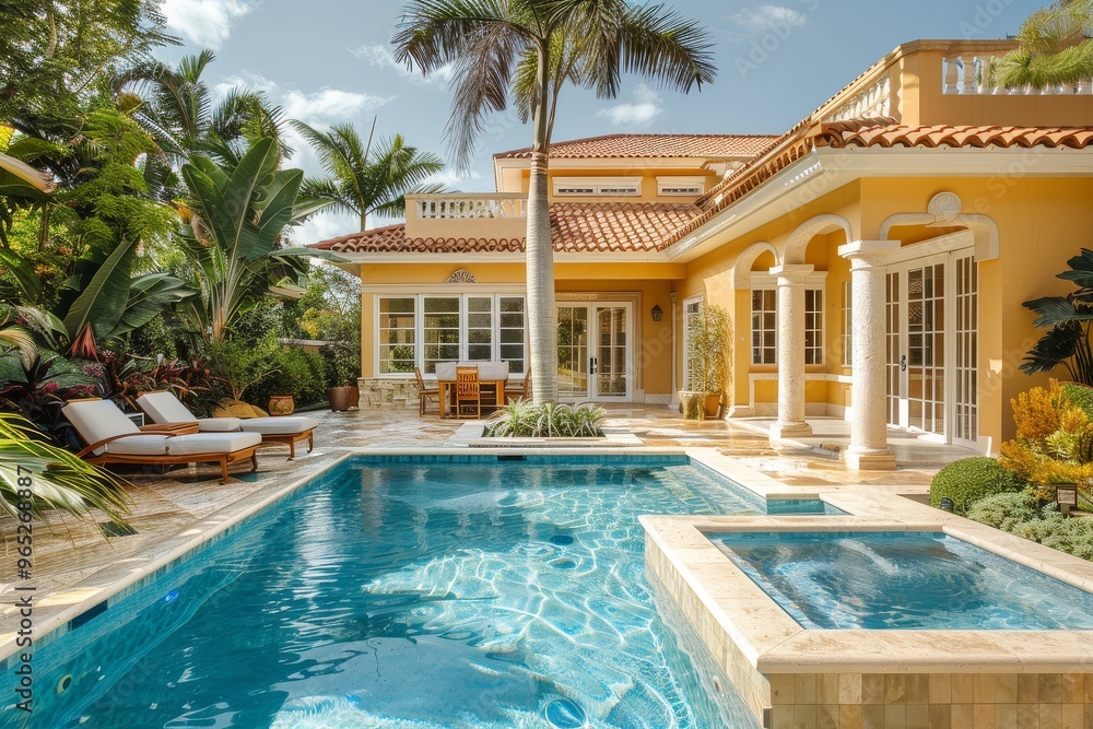 Professional photo of a beautiful pool and spa in the backyard of a ...
