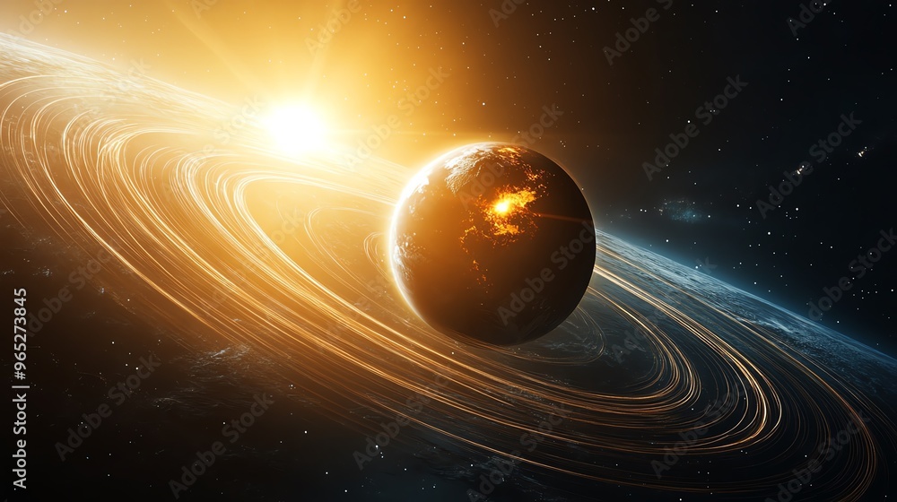 Sun illuminating Earth s poles with orbital lines swirling around ...