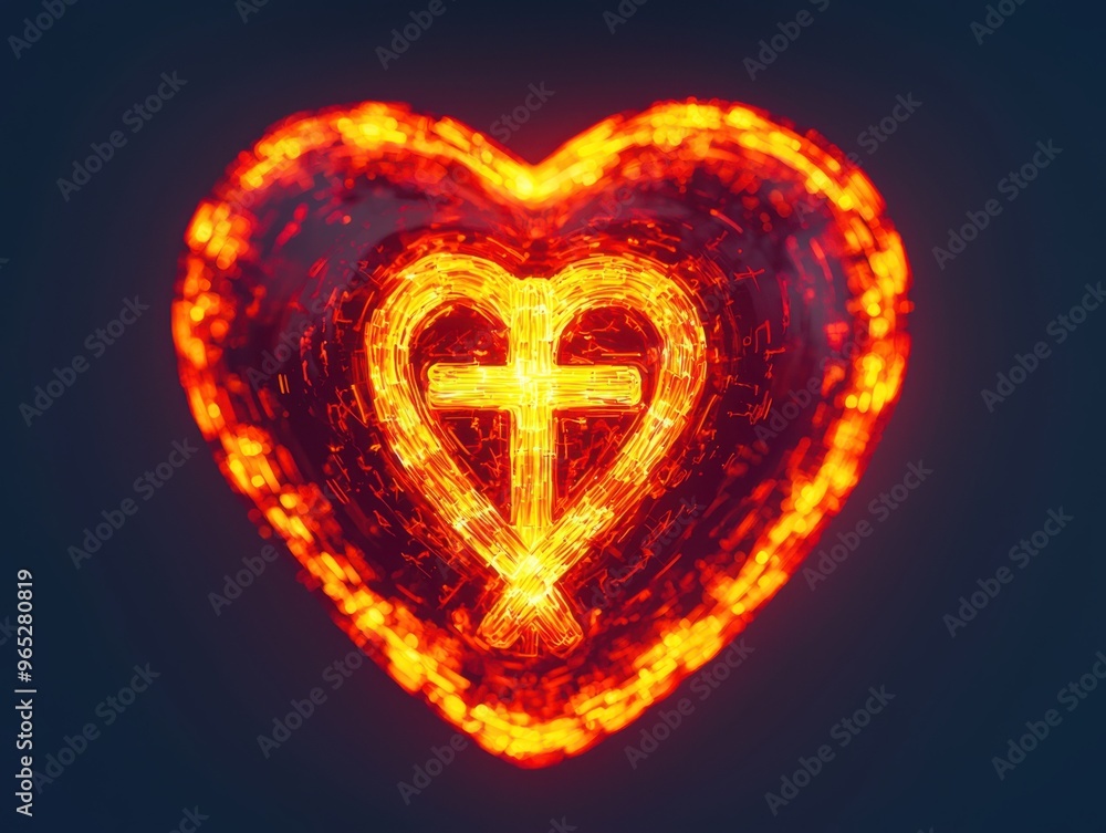 A glowing heart symbol with a cross, representing love, faith, and hope ...