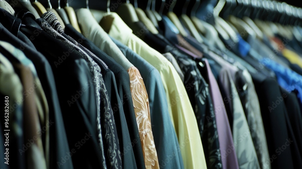 Clothing racks lined with various garments showcase an array of colors ...