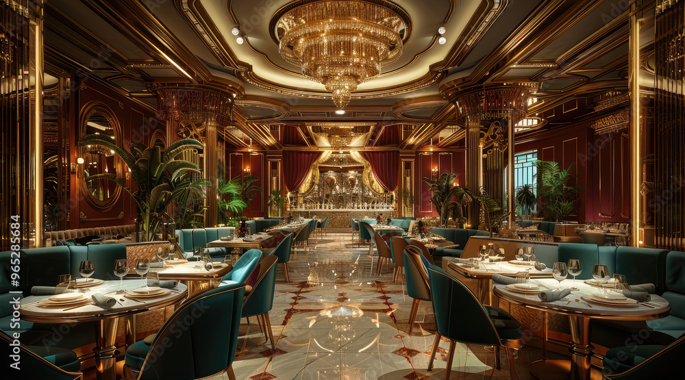 Large fancy restaurant, bar with lots of jewel tones with lots of gold ...