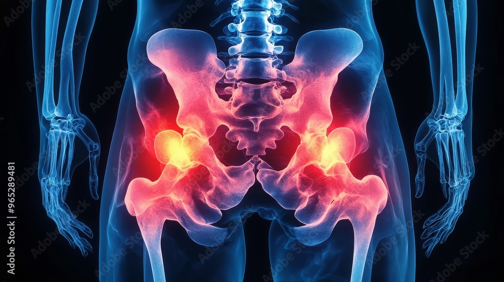 Medical X-ray of the human spine and hip area, highlighting areas of ...