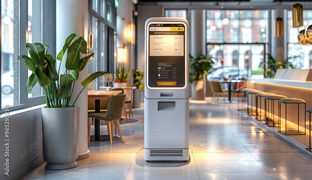 Modern design white glossy self-service kiosk as the focal point in a ...