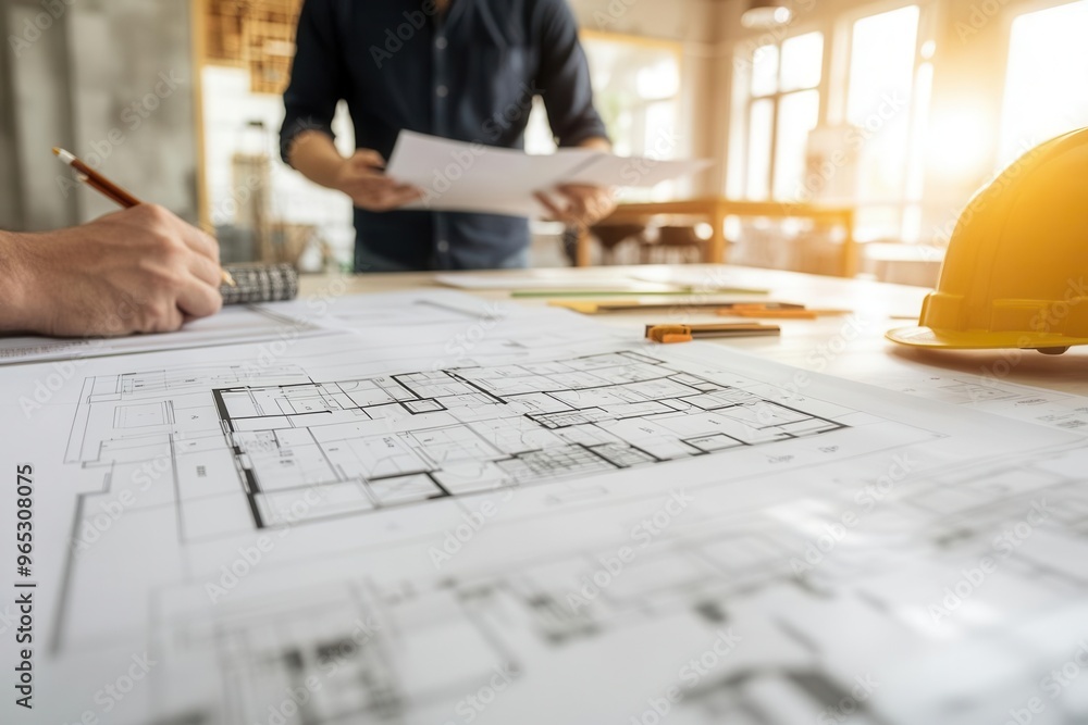 Contractors and architects collaborating in a modern office, reviewing ...