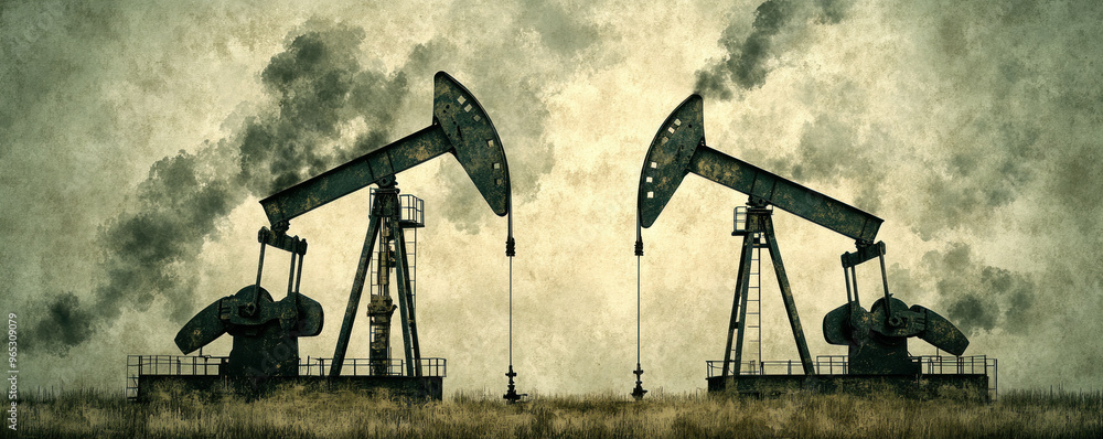 Two oil rigs are shown in the image, one of which is spewing smoke ...